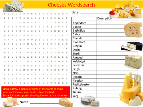 3 x Cheese Wordsearch Sheet Starter Activity Keywords Cover Homework ...