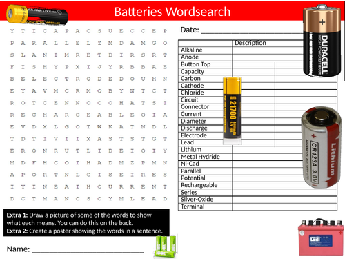 Batteries Wordsearch Puzzle Sheet Keywords Settler Starter Cover Lesson ...