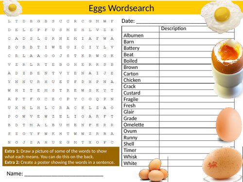 2 x Eggs Wordsearch Food Technology Literacy Starter Activity Homework ...