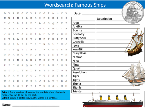 Famous Ships Wordsearch Starter Activity Homework Cover Lesson Plenary ...