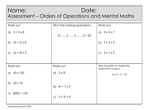 Quick Mastery Assessment - Orders of Operations and Mental Maths ...
