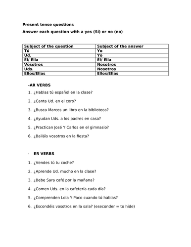 Present tense questions regular verbs | Teaching Resources
