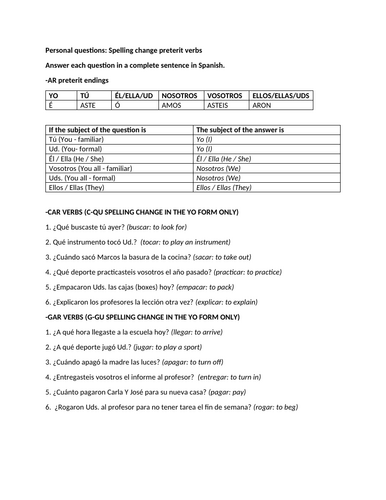 Spelling change preterit questions | Teaching Resources