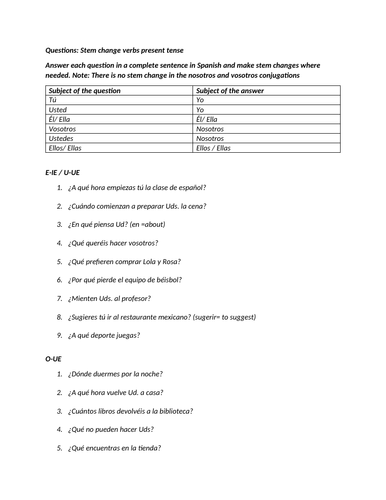 Stem change verb questions present tense | Teaching Resources