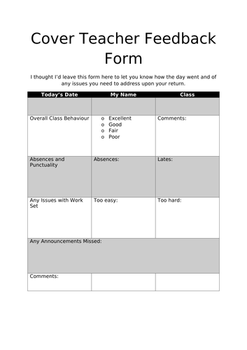 Supply Teacher Feedback Form | Teaching Resources