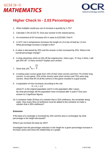 OCR Maths: Higher GCSE - Check In Test 2.03 Percentages | Teaching ... OCR Maths: Higher GCSE - Check In Test 2.03 Percentages | Teaching ...
