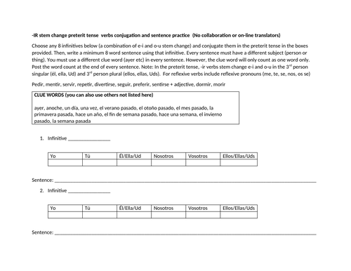 Worksheet on ir stem change preterit | Teaching Resources
