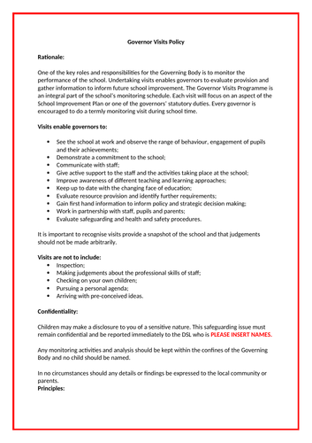 Governor Visits - Policy, Process and Report Form | Teaching Resources