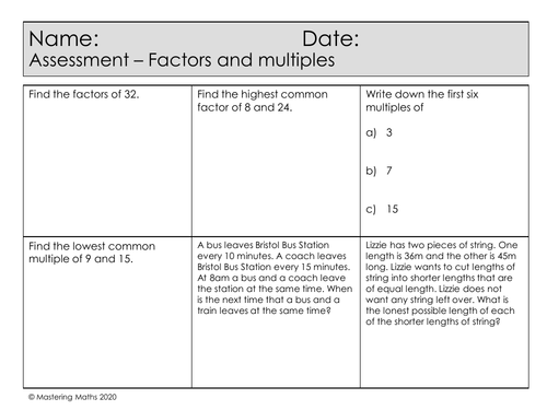 Quick Mastery Assessment - Factors and Multiples | Teaching Resources