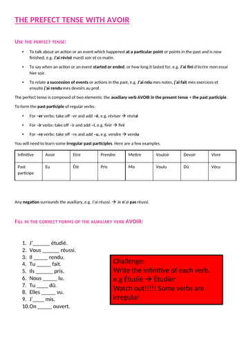 Perfect Tense with AVOIR | Teaching Resources
