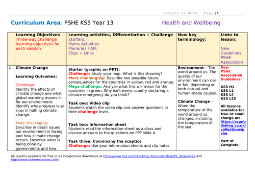 Year 13 Pshe Scheme Of Work Health And Wellbeing 1 2 Teaching Resources