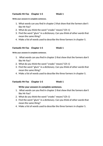 Fantastic Mr Fox Comp/Guided reading questions | Teaching Resources