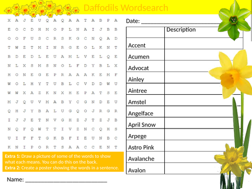 Daffodils Wordsearch Nature Gardening Starter Settler Activity Homework ...