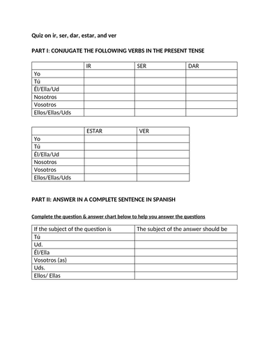 Quiz ir dar ser estar ver present tense | Teaching Resources