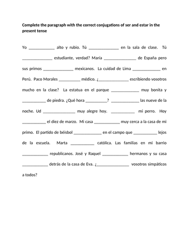 Ser estar paragraph | Teaching Resources