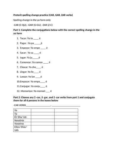 Spelling change preterit practice | Teaching Resources