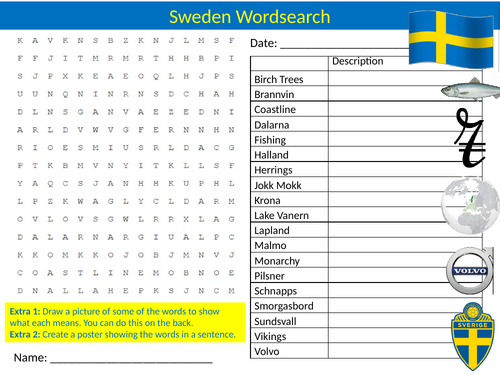 Sweden #2 Country Wordsearch Sheet Geography Starter Activity Keywords ...