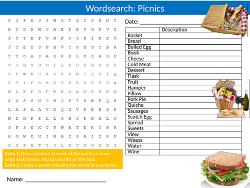 Picnics #2 Wordsearch Sheet Starter Activity Keywords Cover Homework ...
