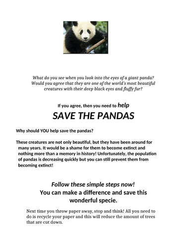 Persuasive advert - Save the Pandas | Teaching Resources