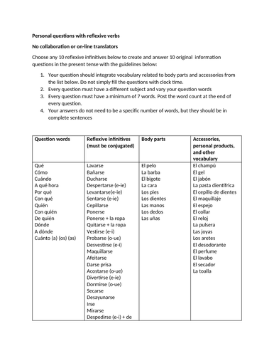 Reflexive verbs original questions | Teaching Resources