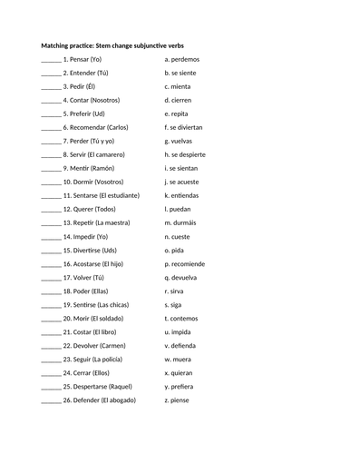 Subjunctive stem change verbs matching practice | Teaching Resources