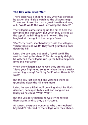'The Boy who cried Wolf' story and comprehension | Teaching Resources