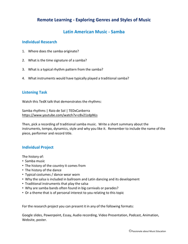 Listening and project work for Music - Samba | Teaching Resources