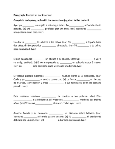 Dar ir ser ver paragraph preterit | Teaching Resources