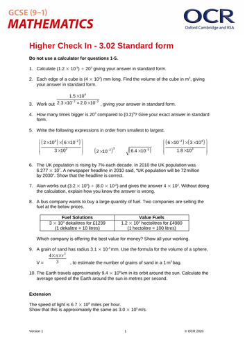 OCR Maths: Higher GCSE - Check In Test 3.02 Standard form | Teaching ...