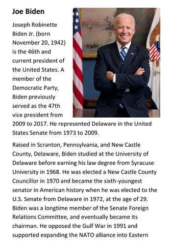 Joe Biden Handout | Teaching Resources
