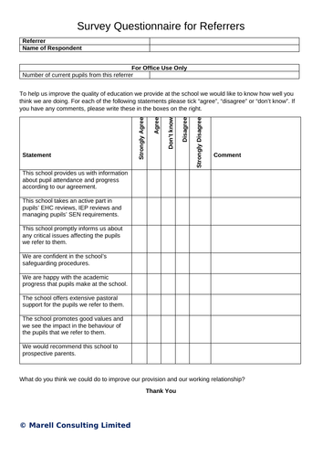 Survey Questionnaire for Referrers | Teaching Resources