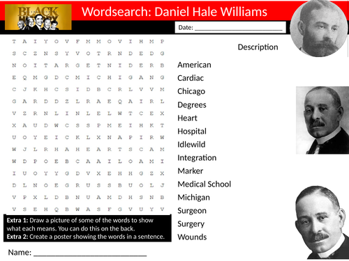 Daniel Hale Williams Wordsearch Keyword Starter Settler Activity Cover ...