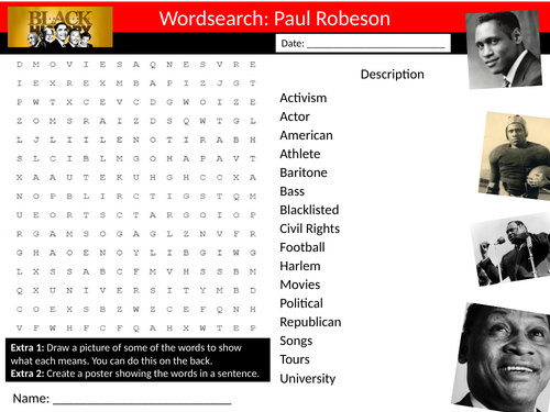 Paul Robeson Wordsearch Keyword Starter Settler Activity Cover Lesson ...