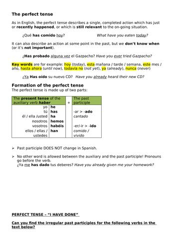 The Perfect tense in Spanish- explanation + exercises GCSE KS4 ...