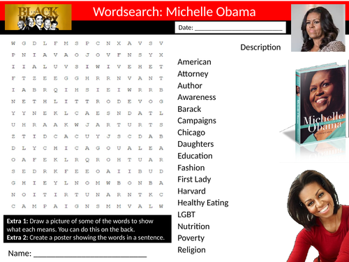 Michelle Obama Wordsearch Keyword Starter Settler Activity Cover Lesson ...