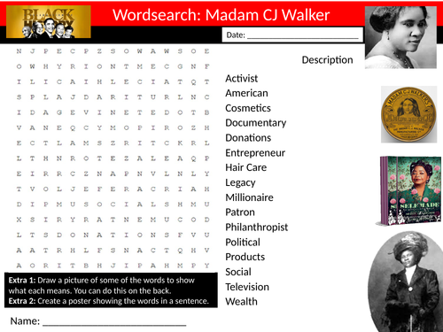 Madam CJ Walker Wordsearch Keyword Starter Settler Cover Lesson Black ...