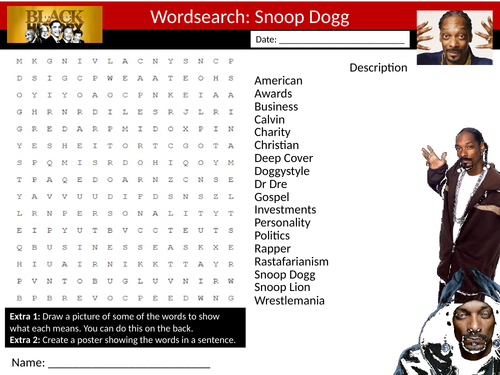 Snoop Dogg Wordsearch Keyword Starter Settler Music Cover Lesson Black ...