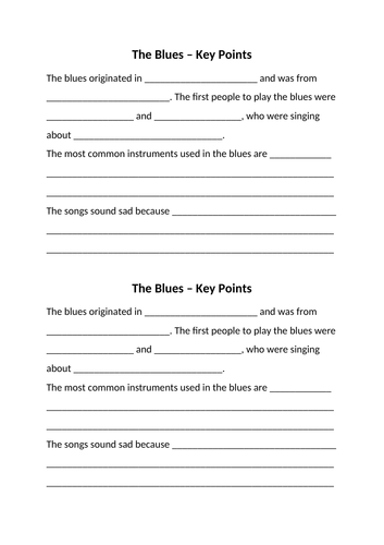 Blues Music Key Points worksheet | Teaching Resources