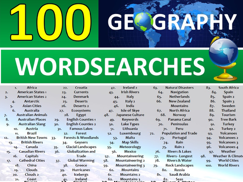 100 x Geography Wordsearches Starter Activities GCSE KS3 Wordsearch etc ...
