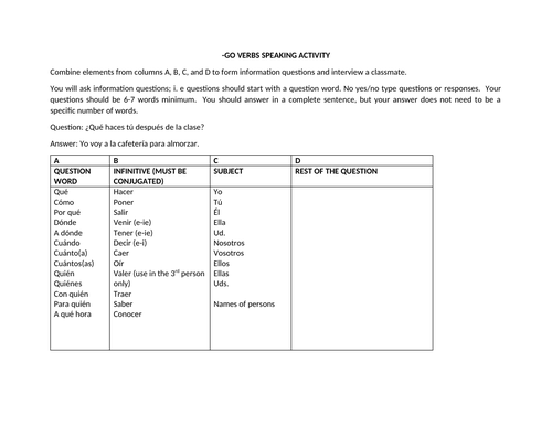 Go verbs speaking activity | Teaching Resources
