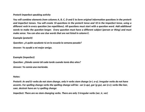 Preterit imperfect speaking activity | Teaching Resources