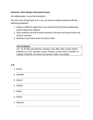 Stem change verb sentences | Teaching Resources