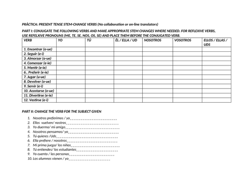 Stem change packet present tense | Teaching Resources