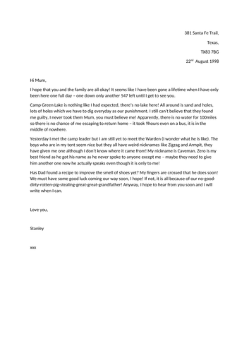 Holes - Letter home to family (informal) | Teaching Resources