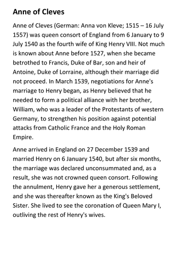 Anne of Cleves Handout | Teaching Resources