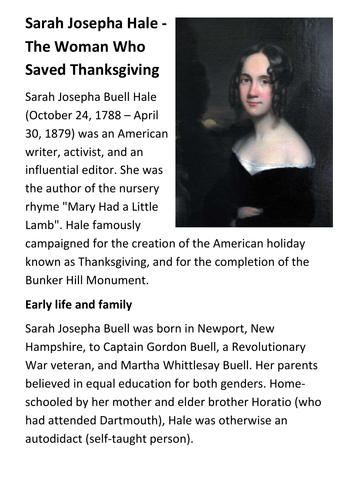 Sarah Josepha Hale - The Woman Who Saved Thanksgiving Handout ...