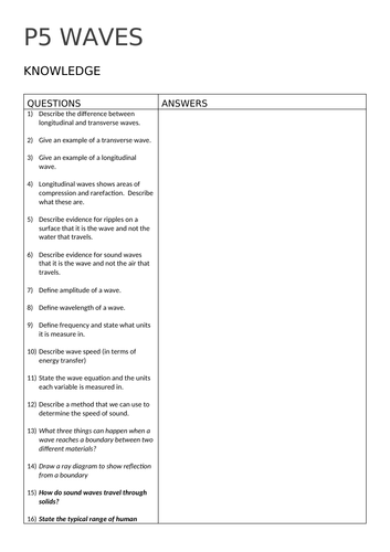 Waves (AQA) Revision Questions | Teaching Resources