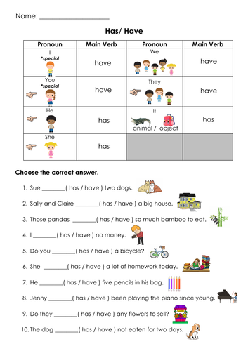 Grammar Main Verbs (has / have) Printable | Teaching Resources