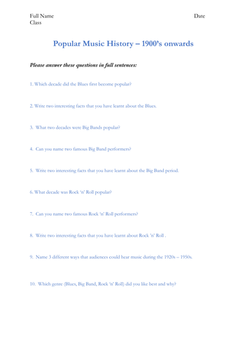 Popular Music Review Questions | Teaching Resources