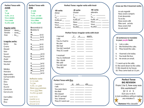 Perfect Tense in French: AVOIR and ETRE : Big Revision worksheet ...